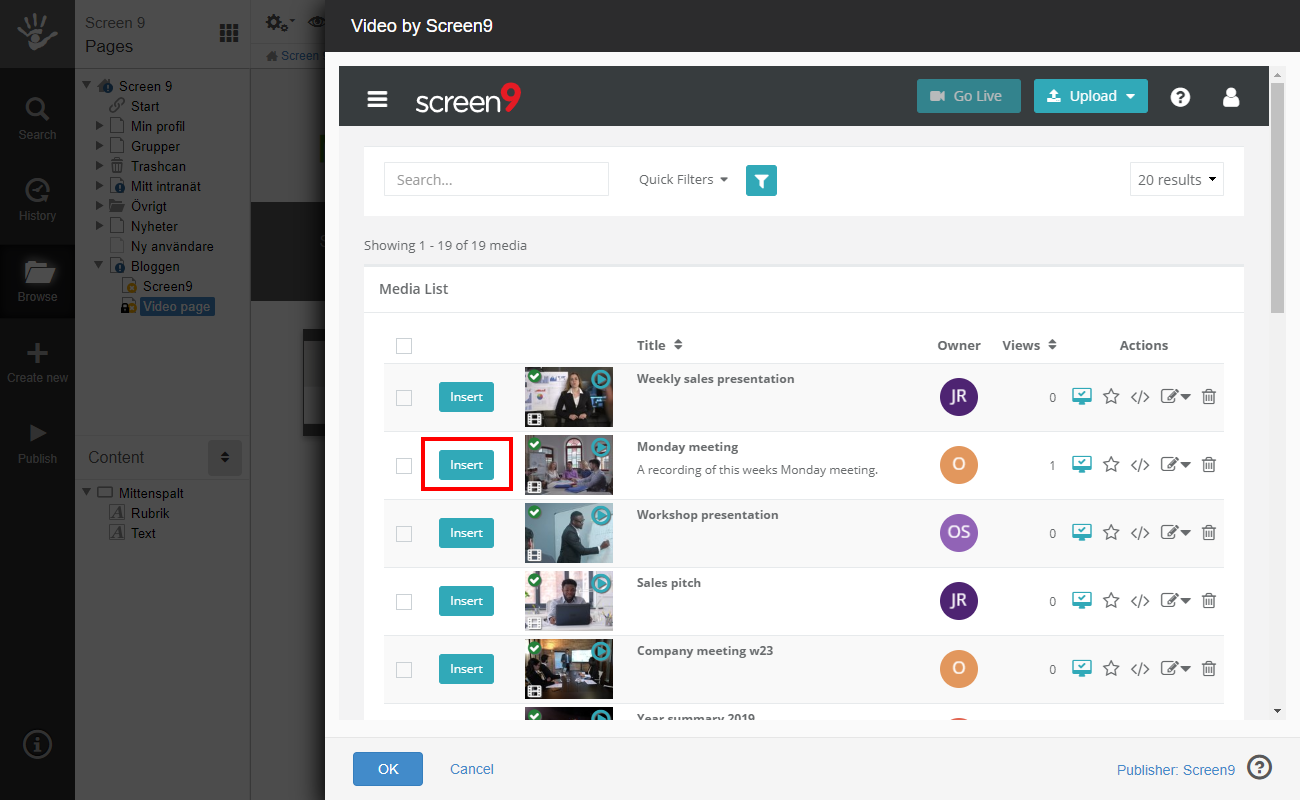 SiteVision - Publishing videos - Quickchannel Support